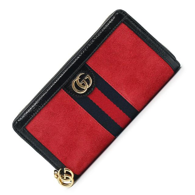 （未使用　展示品）グッチ GUCCI オフィディア GG ジップアラウンドウォレット ラウンドファスナー 長財布 スウェード パテントレザー レッド ブラック 赤 黒 ゴールド金具 523154