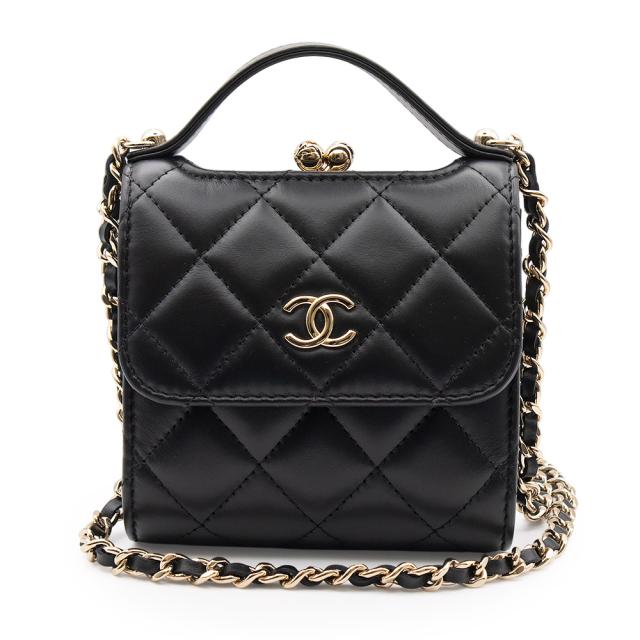 （未使用　展示品）シャネル CHANEL マトラッセ チェーン ウォレット ショルダーバッグ 斜め掛け がま口 ラムスキン レザー ブラック 黒 ゴールド金具 AP2837