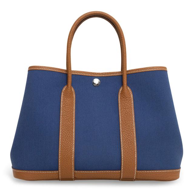 （未使用　展示品）エルメス HERMES ガーデンパーティ 30 TPM ハンドバッグ ネゴンダ レザー トワルオフィシエ キャンバス ブルーブライトン ゴールド 青 茶 シルバー金具 B刻印