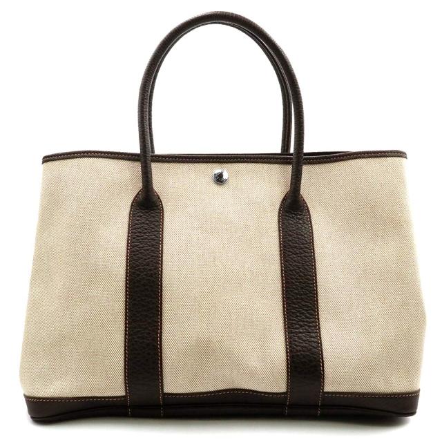 （中古）エルメス HERMES ガーデンパーティ 36 PM ハンドバッグ トワルアッシュ キャンバス ブッフルスキッパー レザー Natural ナチュラル Marron マロン ベージュ ブラウン 茶 シルバー金具 □H刻印