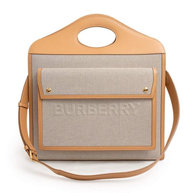 （新品・未使用品）バーバリー BURBERRY ポケットバッグ 斜め掛け 2WAY ショルダー ハンドバッグ キャンバス レザー ベージュ ブラウン 茶 ゴールド金具 8039070