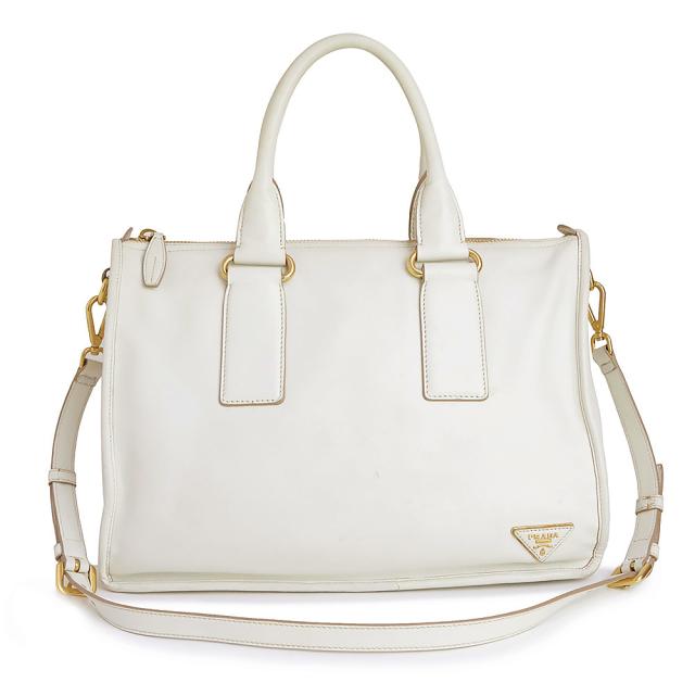 （中古）プラダ PRADA 三角プレート トライアングル 2way ショルダー ハンドバッグ 斜め掛け CITY CALF シティカーフ レザー TALCO タルコ ホワイト アイボリー 白 ゴールド金具 BL0714
