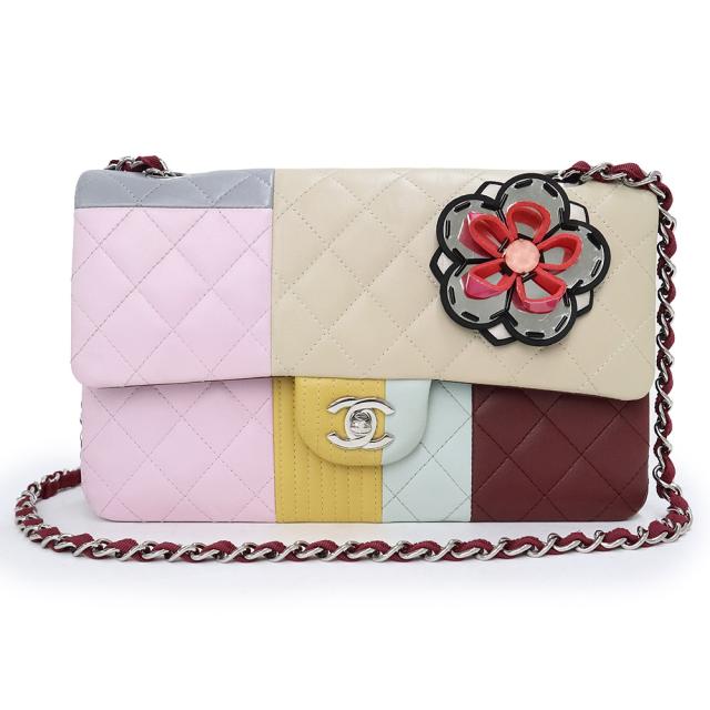 （中古）シャネル CHANEL マトラッセ 25 Wフラップ カメリア フラワー チャーム 2WAY チェーン ショルダーバッグ 斜め掛け レザー マルチカラー ピンク ブラウン ベージュ A01112
