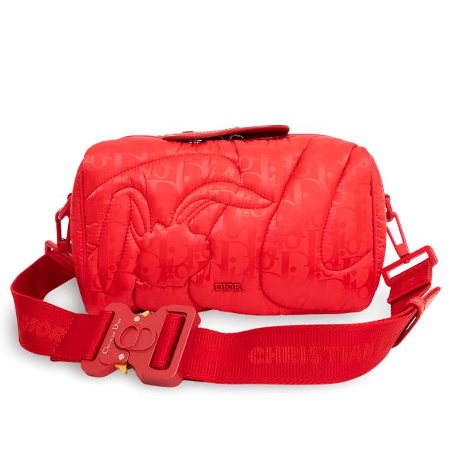 （未使用　展示品）クリスチャンディオール Christian Dior ERLコラボ ストラップ付き ジップポーチ ミラージュ キルティング ラビット うさぎ ショルダーバッグ 斜め掛け スムースカーフレザー ナイロン レッド 赤 シルバー金具 1ADPO249RAY