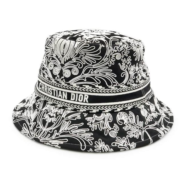 （未使用保管品）クリスチャンディオール Christian Dior エンブロイダリー 刺繍 総柄 D-BOBBY バケット ボブハット 帽子 #56 コットン100％ シャイニングブラック ホワイト 黒 白 31ORN923X131