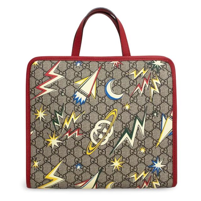 （未使用　展示品）グッチ GUCCI チルドレンズ スペース プリント ミニトート ハンドバッグ GGスプリームキャンバス ロケット 宇宙 ベージュ レッド 赤 シルバー金具 605614
