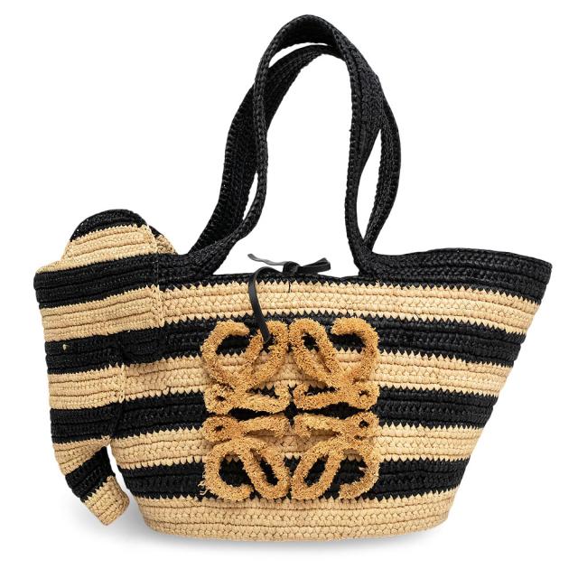 （未使用　展示品）ロエベ LOEWE エレファント バスケット スモール ハンドバッグ かご 象 ゾウ ラフィア カーフスキン レザー ナチュラル ブラック 黒 A223T37X02