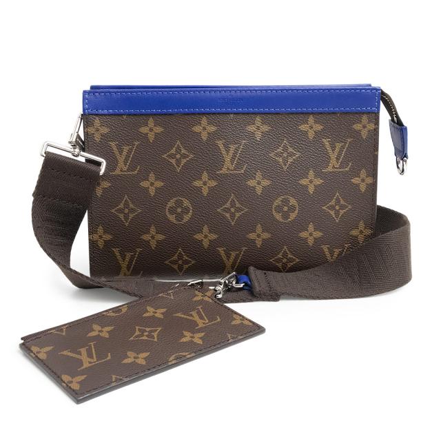 （未使用　展示品）ルイ ヴィトン LOUIS VUITTON ガストン ウェアラブル ウォレット ショルダーバッグ 斜め掛け モノグラムマカサー レザー アンディゴブルー ブラウン 青 茶 シルバー金具 カードケース付き M12813