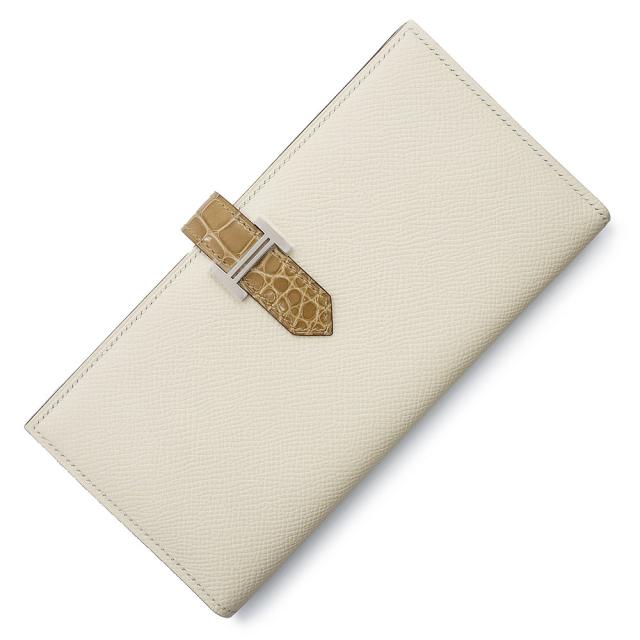 （新品・未使用品）エルメス HERMES ベアン スフレ タッチ 二つ折り長財布 ヴォーエプソン アリゲーター クロコダイル エキゾチックレザー ナタ ベージュサブレ ホワイト 白 シルバー金具 Z刻印 箱付