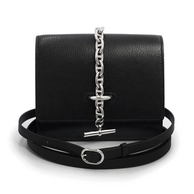 （未使用　展示品）エルメス HERMES シェーヌダンクル コンパクト ウォレット 二つ折り財布 ショルダーバッグ 斜め掛け ポシェット シェブル シェーブルシャムキラ ノワール ブラック 黒 シルバー金具 W刻印 箱付