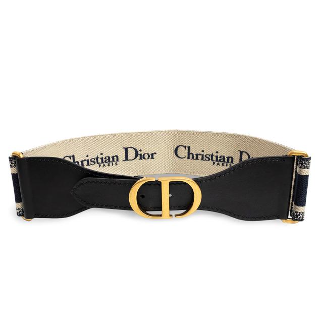 （未使用　展示品）クリスチャンディオール Christian Dior エンブロイダリー ロゴバックル ベルト #80 65MM キャンバス カーフスキン レザー ネイビー ベージュ 紺 白 アンティークゴールド金具 B0003CBTE