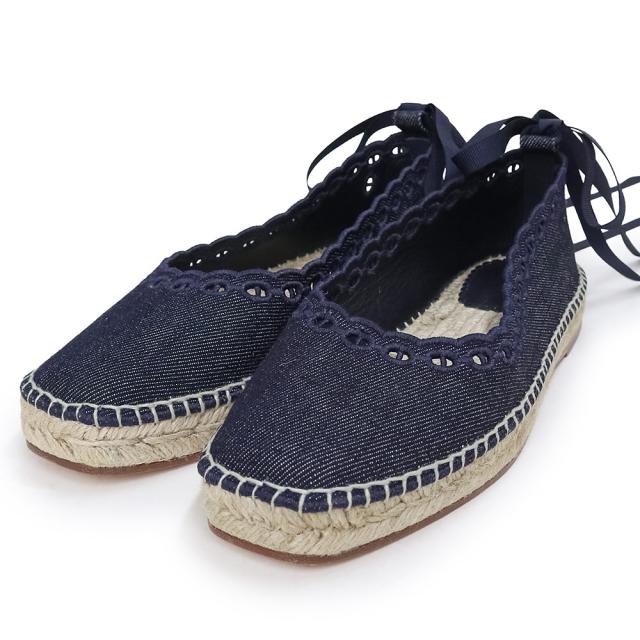 （未使用保管品）エルメス HERMES レディスエスパドリーユ グァパ シェーヌダンクル リボン #37 24cm シューズ 靴 スリッポン デニム ゴートスキン レザー ネイビーブルー 紺 箱付