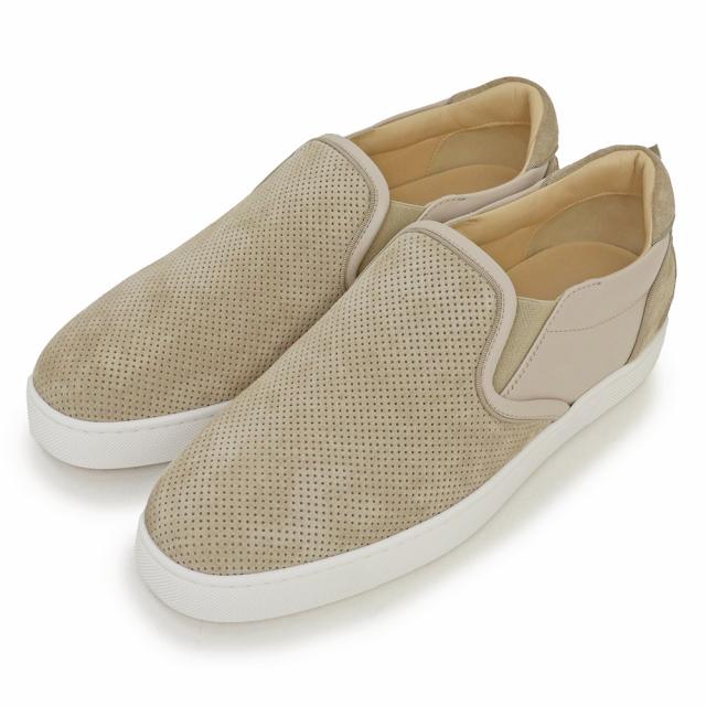 （未使用保管品）クリスチャンルブタン Christian Louboutin パンチング 切り替えデザイン ロゴ刺繍 スリッポン 靴 #41.5 26.5cm レザー スウェード ベージュ