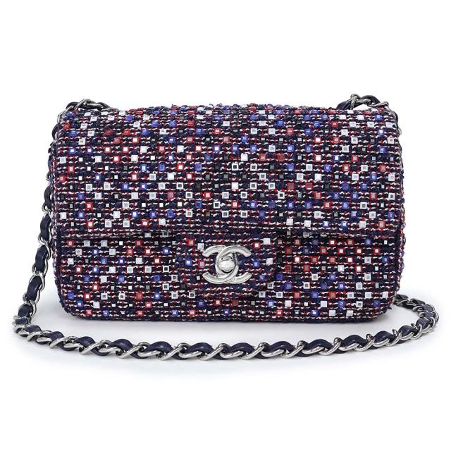 （未使用　展示品）シャネル CHANEL ココマーク ミニ クラシック チェーン ショルダーバッグ 斜め掛け ツイード ネイビー レッド ホワイト 紺 赤 白 シルバー金具 A69900