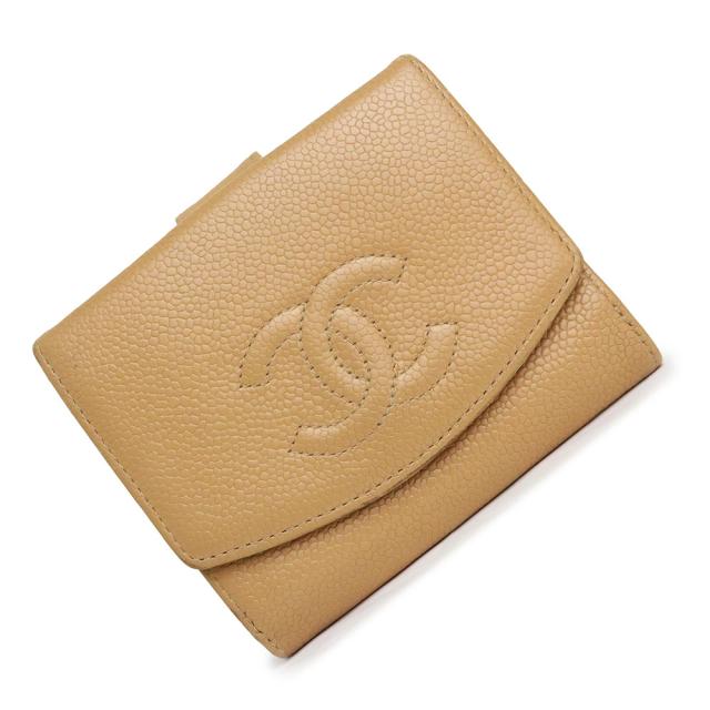 （中古）シャネル CHANEL Wホック 二つ折り財布 キャビアスキン レザー ベージュ ゴールド金具 A13496