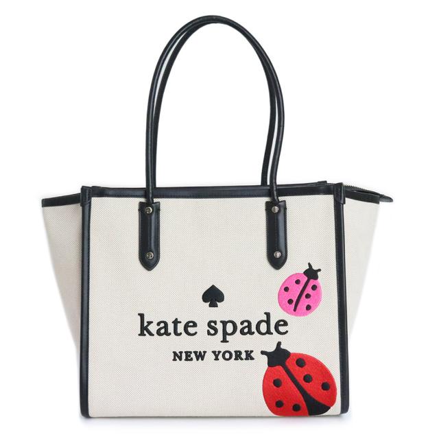 （中古）ケイトスペード Kate Spade エラ ドッティ エンブロイダード トートバッグ キャンバス ナチュラルマルチ ライトゴールド金具 KA639