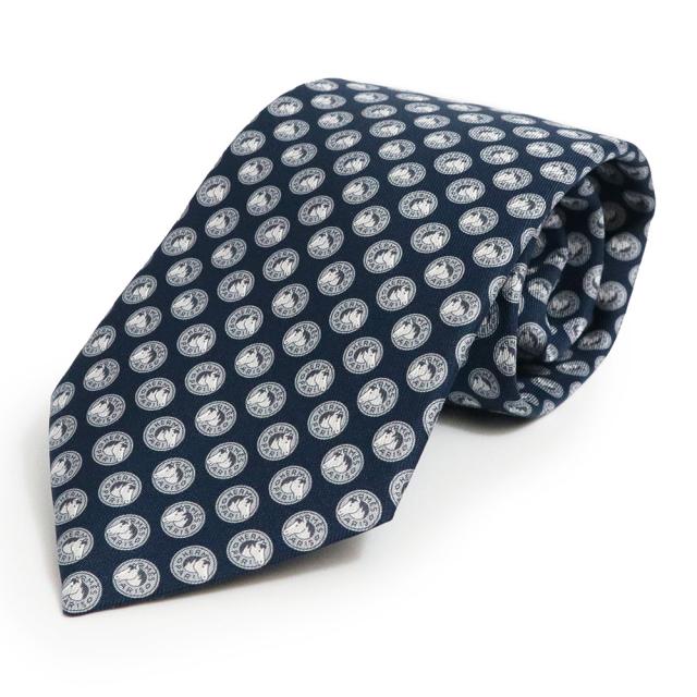 （新品・未使用品）エルメス HERMES シュヴァル セリエ CHEVAL SELLIER ネクタイ 8CM シルク100％ マリン マリーヌ グリ グリクレール ネイビー グレー 紺 箱付