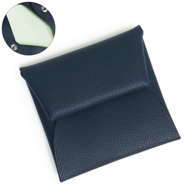 （新品・未使用品）エルメス HERMES バスティア GM ヴェルソ ケース 小銭入れ 財布 ヴォーエプソン レザー ブルードプリュス ヴェールフィズ ネイビー ライトグリーン 紺 緑 シルバー金具 W刻印 箱付