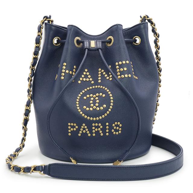 （未使用　展示品）シャネル CHANEL ドーヴィル チェーン ショルダーバッグ 巾着 ポーチ 斜め掛け キャビアスキン レザー ネイビー 紺 アンティークゴールド金具 AS1045