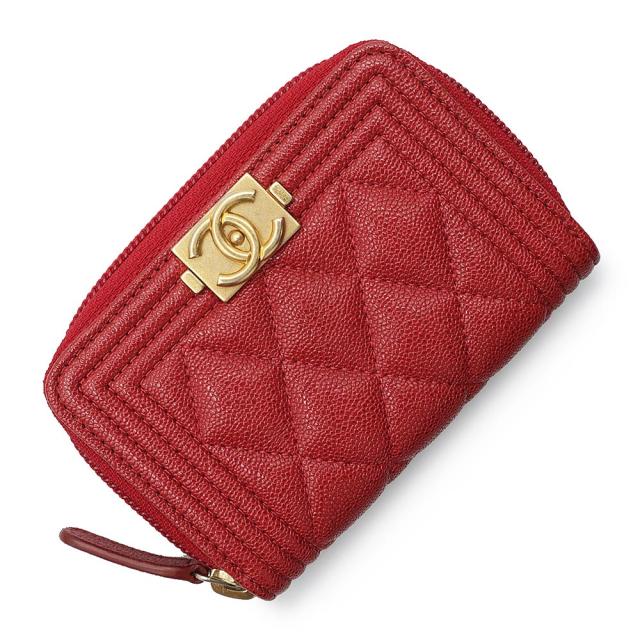 （新品・未使用品）シャネル CHANEL ボーイシャネル ジップ パース ケース 小銭入れ 財布 キャビアスキン レザー レッド 赤 アンティークゴールド金具 A80602 箱付