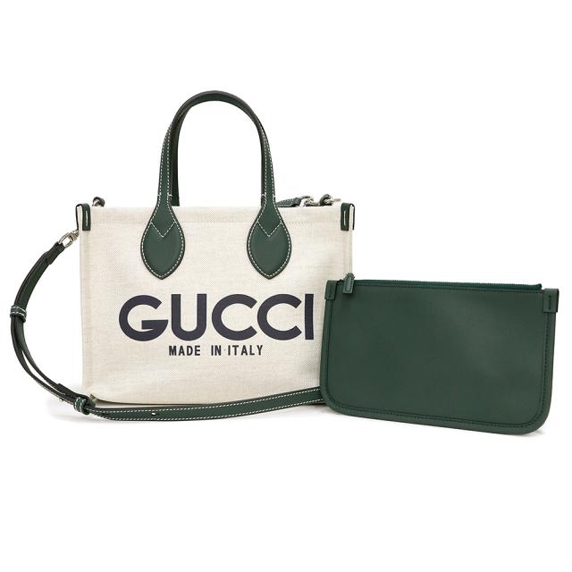 （新品・未使用品）グッチ GUCCI ロゴプリント スモール トート 日本限定 ショルダー ハンドバッグ 2way 斜め掛け コットンキャンバス レザー ベージュ グリーン 緑 シルバー金具 772144