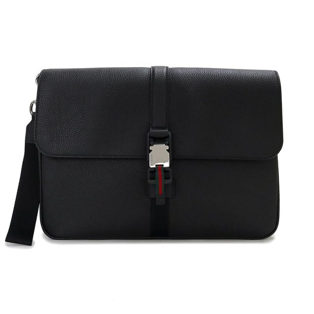 （未使用　展示品）グッチ GUCCI ウェブ ストライプ ミディアム ビジネス クラッチバッグ ソフトグレインレザー ブラック 黒 シルバー金具 816755