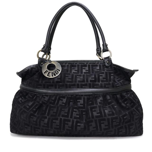 （中古）フェンディ FENDI ズッカ シェフバッグ トート スウェード レザー ブラック 黒 アンティークゴールド金具 8BH186
