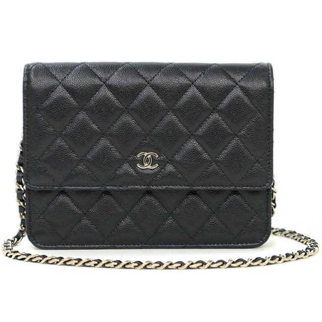 （美品）シャネル CHANEL マトラッセ クラシック チェーンウォレット ショルダーバッグ 斜め掛け 財布 キャビアスキン レザー ブラック 黒 シルバー金具 AP3745