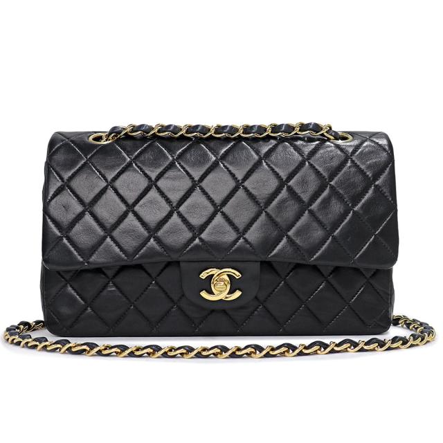（中古）シャネル CHANEL マトラッセ クラシック 25 ダブルチェーン Wフラップ ショルダーバッグ 2way 斜め掛け ラムスキン レザー ブラック 黒 ゴールド金具 A01112