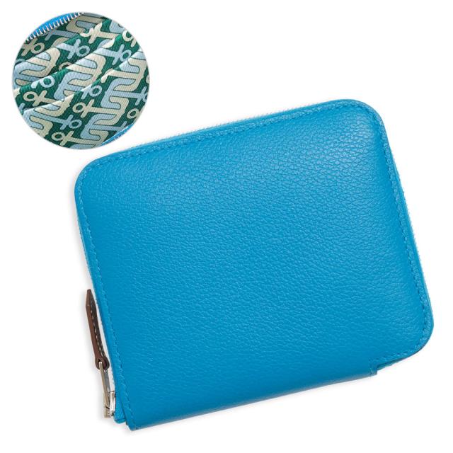 （美品）エルメス HERMES アザップ コンパクト シルクイン ANCRES アンクル ケース 小銭入れ 財布 ヴォーエバーカラー レザー シルク Blue Zanzibar ブルーザンジバル Vert Vertigo ヴェールヴェルティゴ 青 緑 シルバー金具 B刻印