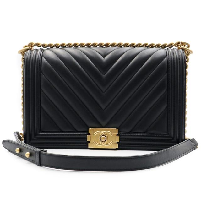 （美品）シャネル CHANEL ココマーク シェブロン Vステッチ ボーイシャネル ラージ 2way チェーン ショルダーバッグ 斜め掛け カーフスキン レザー ブラック 黒 アンティークゴールド金具 A92193