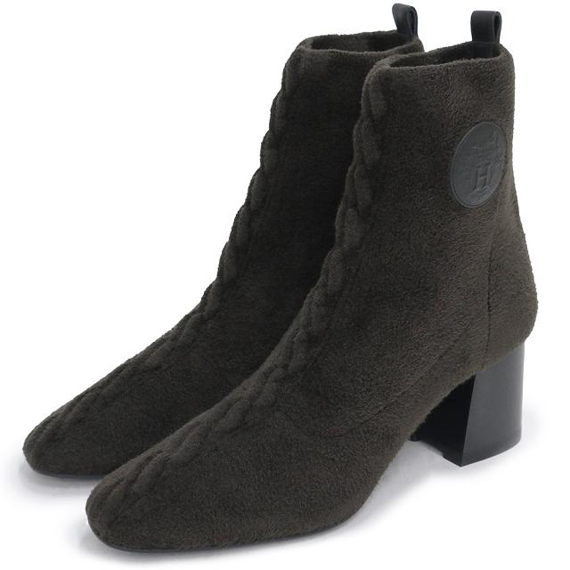 （未使用保管品）エルメス HERMES ヴォルヴェール ボルベール 60  アンクル ショートブーツ 靴 #38.5 25cm シェニールニット ブラウン ブラック 茶 黒 箱付