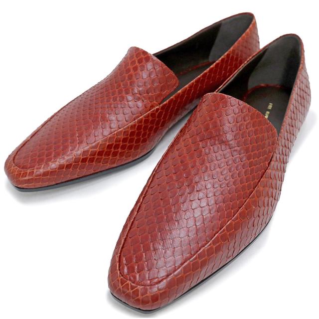 （未使用保管品）ザ ロウ THE ROW ミニマル ローファー モカシン スリッポン 靴 #35 22.5cm パイソン エキゾチックレザー RUST ラスト レッド 赤 F1095