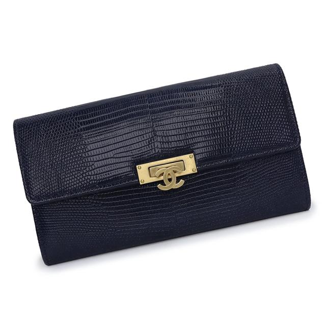 （未使用　展示品）シャネル CHANEL ココロック フラップウォレット 二つ折り長財布 リザード エキゾチックレザー ラメネイビー 紺 マットゴールド金具 A80418