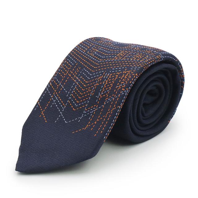 （新品・未使用品）エルメス HERMES Pique Sellier ピケ セリエ ネクタイ 7CM シルク100％ マリン マリーヌ ブルーモワイヤン オレンジ ネイビー 紺 箱付