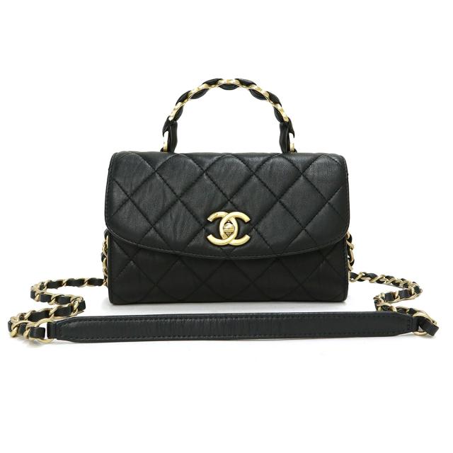 （中古）シャネル CHANEL マトラッセ 2way ショルダー トップハンドル フラップ ハンドバッグ 斜め掛け ラムスキン レザー ブラック 黒 ゴールド金具 AS2478