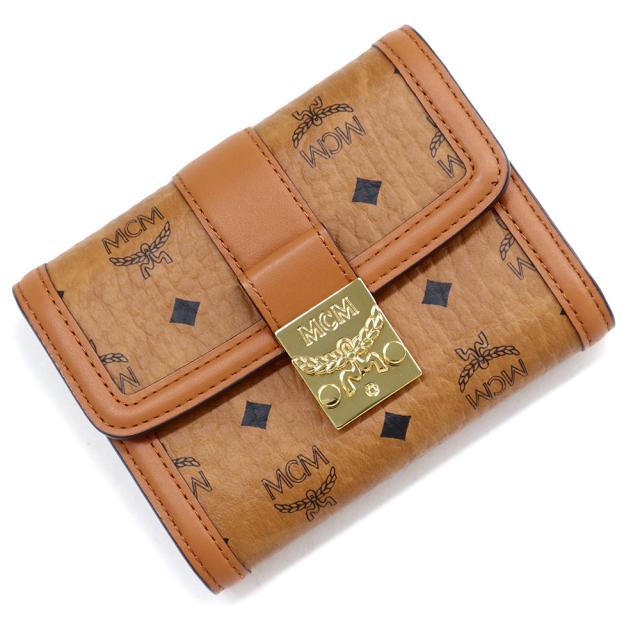 （未使用　展示品）エム・シー・エム MCM ヴィセトス VISETOS モノグラム 三つ折り財布 コーティングキャンバス レザー ブラウン 茶 ゴールド金具 MYS ESXT01