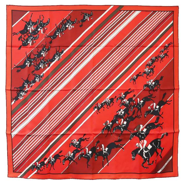 （新品・未使用品）エルメス HERMES カレ 90 Les Courses 競馬 スカーフ シルク100％ ヴァーミリオン ルージュアッシュ ブラン レッド 赤 箱付
