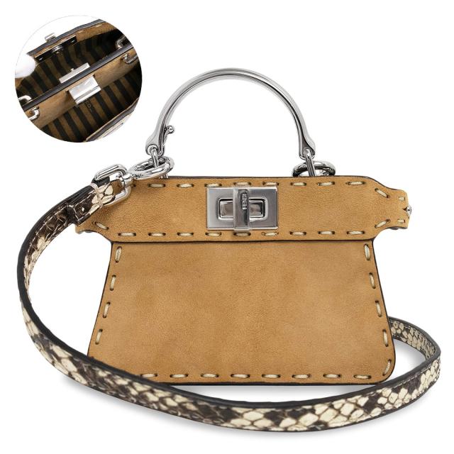 （未使用　展示品）フェンディ FENDI ピーカブー アイシーユー マイクロ 2Way ショルダー ハンドバッグ 斜め掛け スエードカーフスキン レザー パイソン エキゾチックレザー ベージュ シルバー金具 7AS106