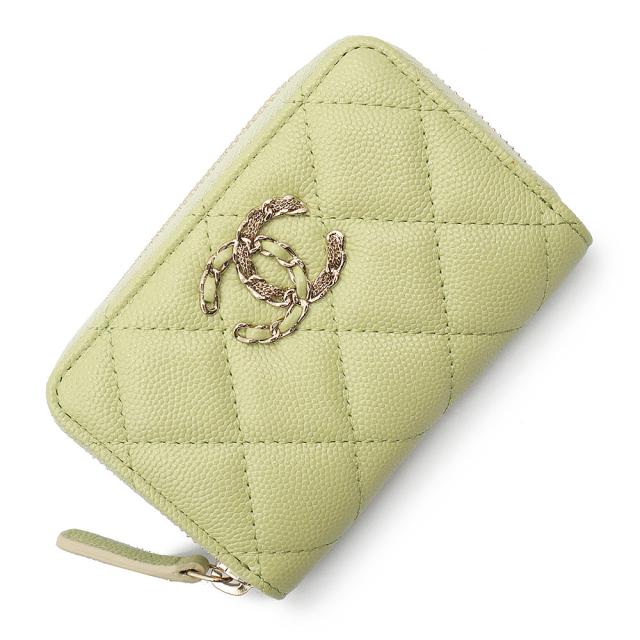 （新品・未使用品）シャネル CHANEL 19 チェーン ココマーク マトラッセ ジップ ケース 小銭入れ 財布 キャビアスキン レザー ライトグリーン ゴールド金具 AP1842 箱付