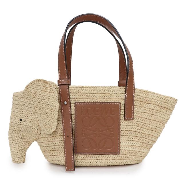 （中古）ロエベ LOEWE エレファント 象 カゴ バスケット ハンドバッグ スモール ラフィア カーフスキン レザー ナチュラル タン シルバー金具 A546T37X01