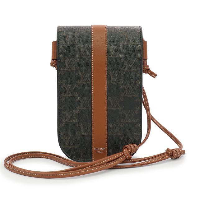 （新品・未使用品）セリーヌ CELINE 携帯 スマホ スマートフォンケース フォンホルダー モバイルポーチ ショルダーバッグ 斜め掛け トリオンフキャンバス カーフスキン レザー タン ブラウン シルバー金具 10H742DCH 箱付
