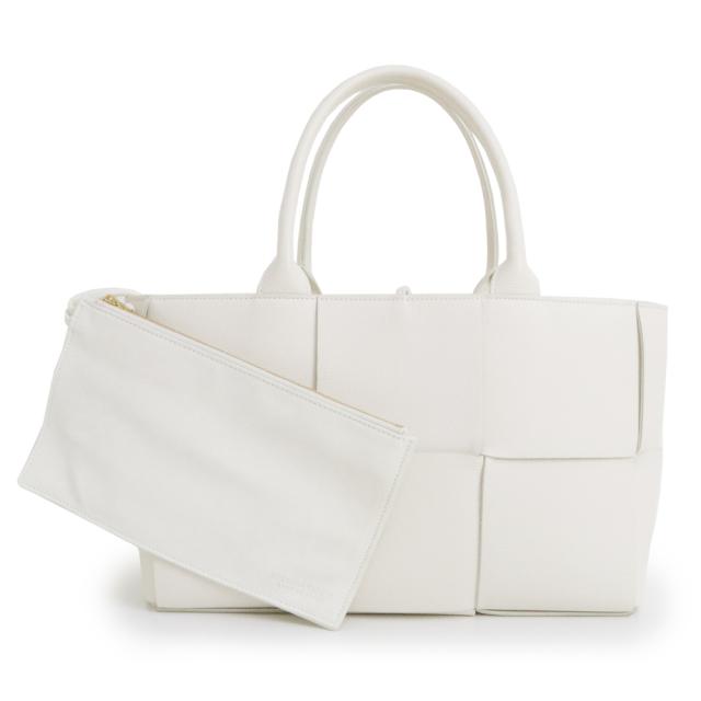 （中古）ボッテガヴェネタ BOTTEGA VENETA マキシイントレチャート スモール アルコ トート ハンドバッグ カーフスキン レザー ホワイト ゴールド金具 652867