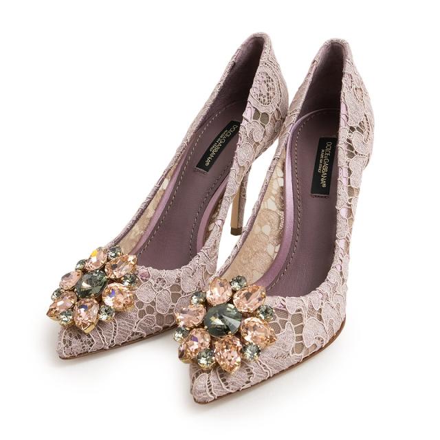 （未使用保管品）ドルチェアンドガッバーナ DOLCE&GABBANA レインボー ブローチ Bellucci パンプス 靴 22.5cm レース ゴートスキン パープル ゴールド金具 CD0066AL19887142 箱付