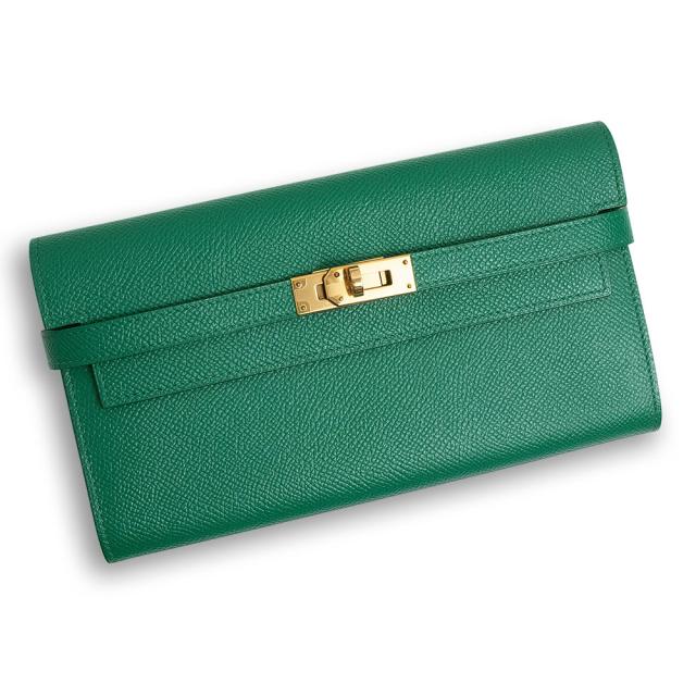 （未使用　展示品）エルメス HERMES ケリーウォレット ロング 二つ折り長財布 ヴォーエプソン レザー Vert Vertigo ヴェールヴェルティゴ グリーン ゴールド金具 A刻印 箱付