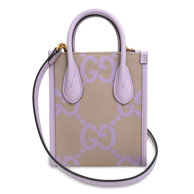 （新品・未使用品）グッチ GUCCI ミニ トート 2Way ショルダー ハンドバッグ 斜め掛け ジャンボGGキャンバス レザー パープル ベージュ ゴールド金具 671623