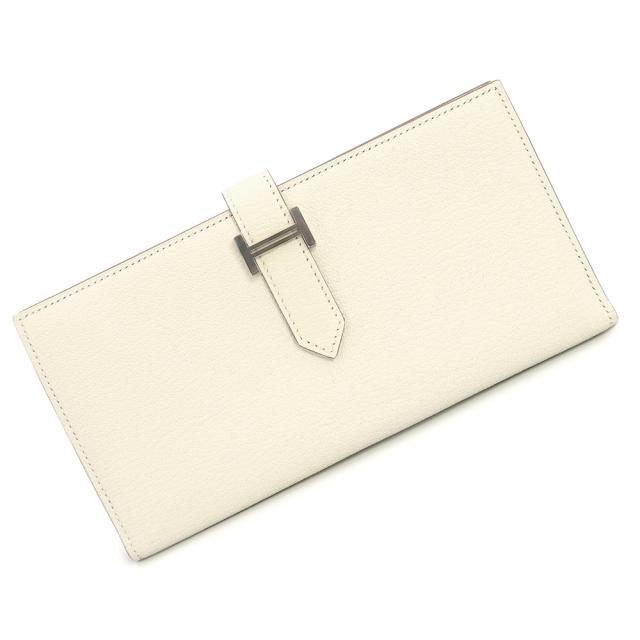 （新品・未使用品）エルメス HERMES ベアン スフレ 二つ折り長財布 シェブル シェーブルミゾール レザー ナタ ホワイト シルバー金具 U刻印 箱付