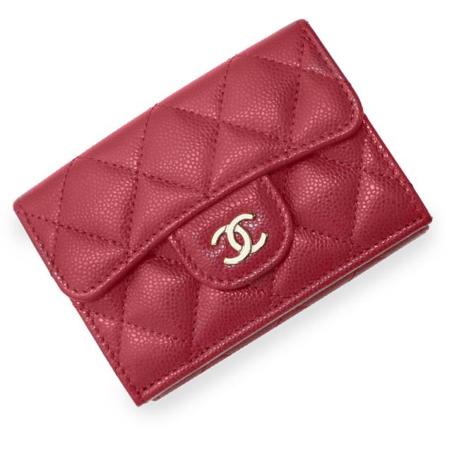 （新品・未使用品）シャネル CHANEL マトラッセ クラシック スモール フラップ ウォレット コンパクト 三つ折り財布 キャビアスキン レザー レッド ダークピンク ゴールド金具 AP0230