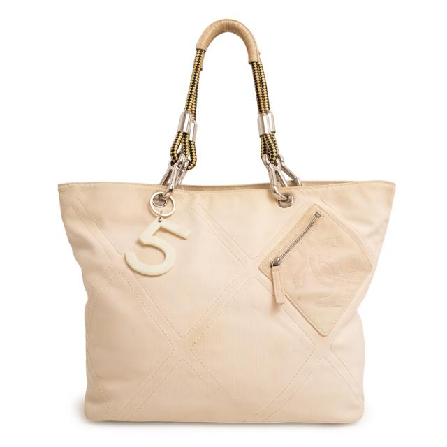 （中古）シャネル CHANEL No.5 ナンバー5 ココマーク ロープ トート ハンドバッグ キャンバス レザー ベージュ シルバー金具 A27208