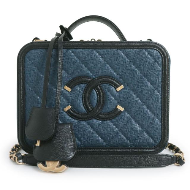 （新品・未使用品）シャネル CHANEL ココマーク マトラッセ CCフィリグリー バニティ 2way チェーン ショルダー ハンドバッグ 斜め掛け キャビアスキン レザー ネイビー ブラック ゴールド金具 A93343